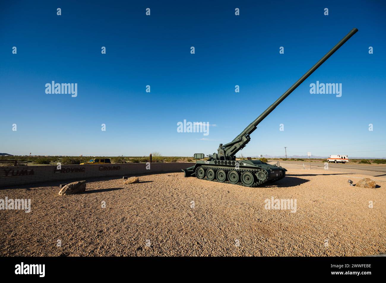 A large artillery gun on display at the entrance to the Yuma Proving ...