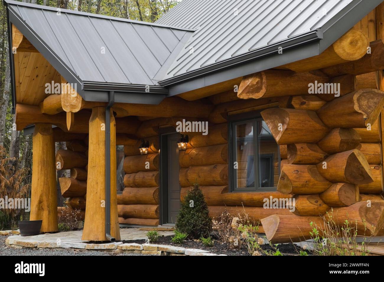 Luxurious Scandinavian style log home facade with portico in spring ...