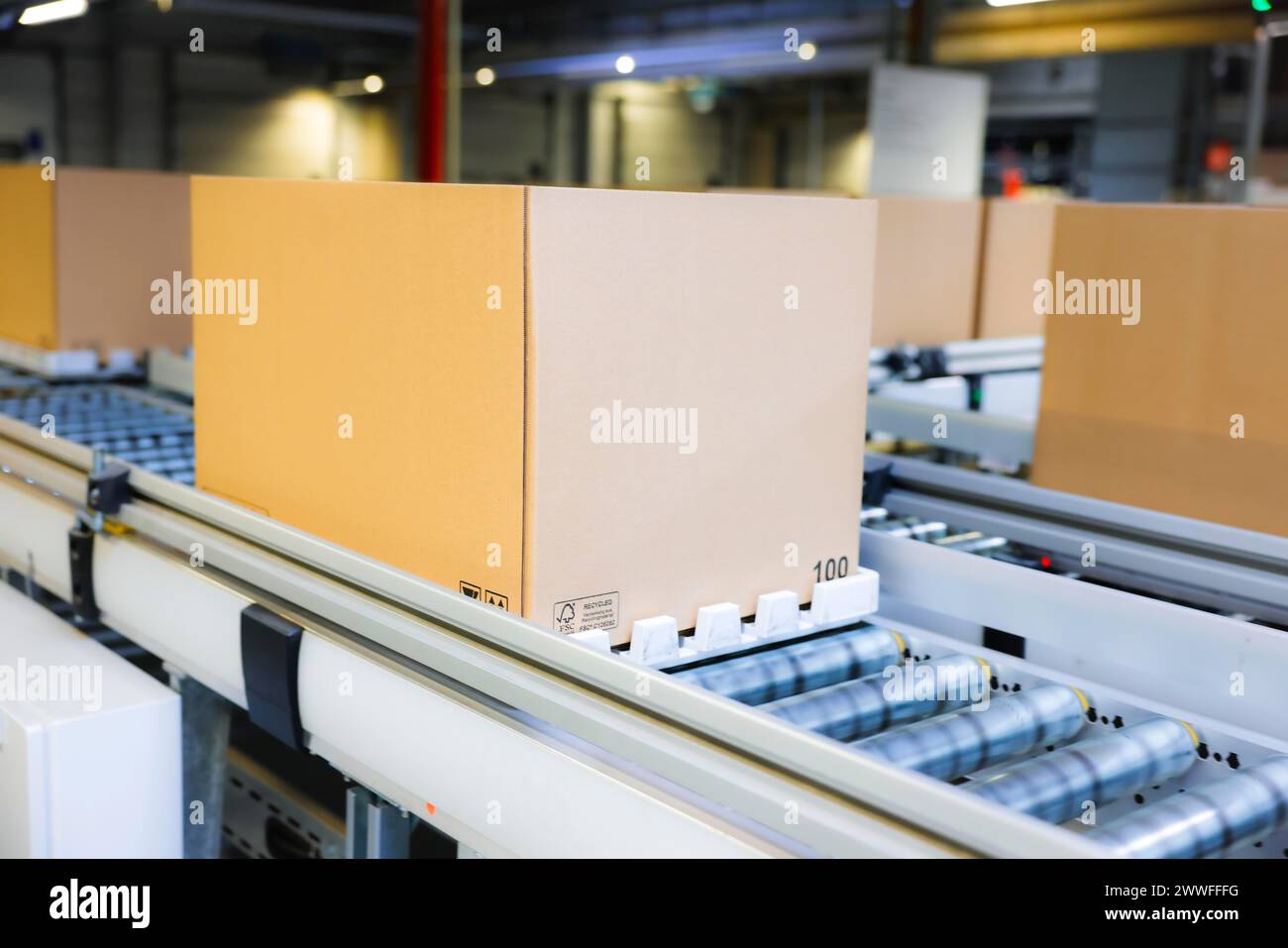 Cartons for dispatch on a conveyor belt in a logistics centre, Cologne ...