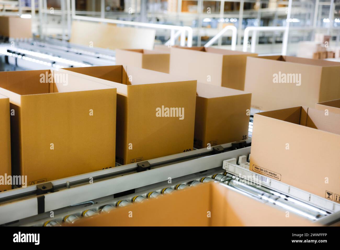 Cartons for dispatch on a conveyor belt in a logistics centre, Cologne ...