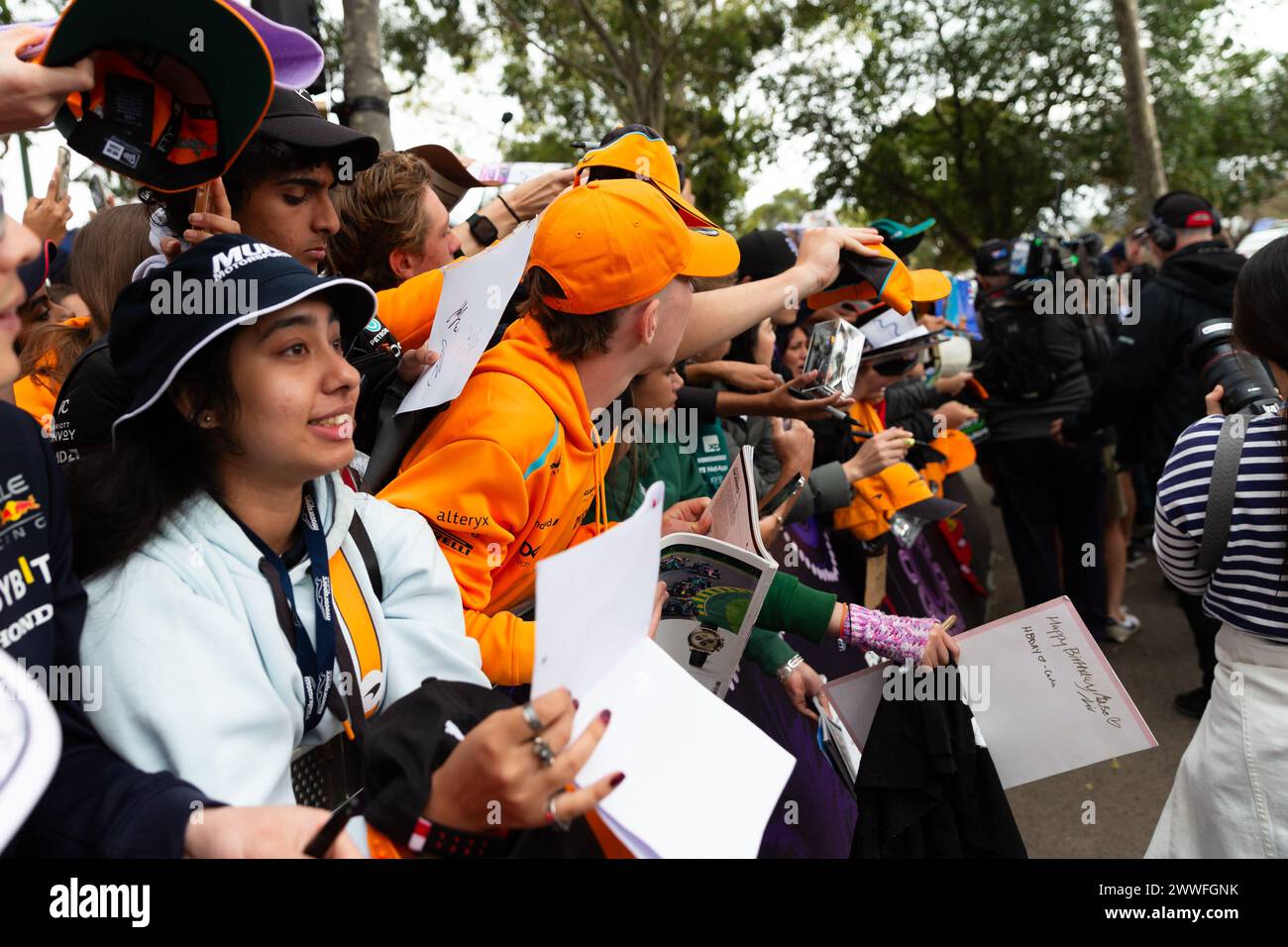 Albert Park, Australia, 24 March, 2024. Fans are seen on Melbourne Walk ...