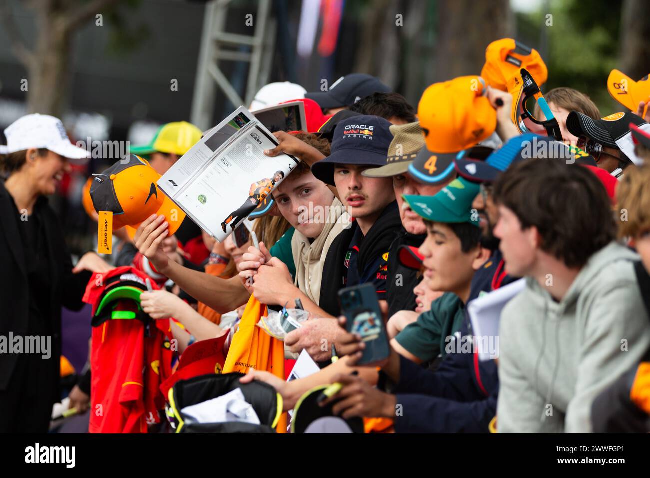 Albert Park, Australia, 24 March, 2024. Fans are seen on Melbourne Walk ...