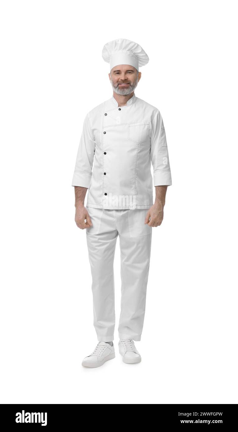 Full length portrait of happy chef in uniform on white background Stock ...