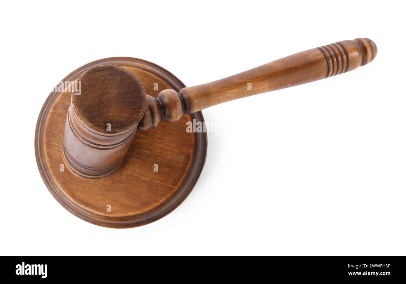 Wooden gavel isolated on white, top view. Small mallet Stock Photo - Alamy