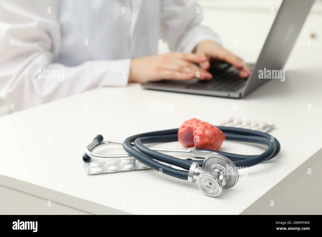 Endocrinologist working at table, focus on stethoscope and model of ...