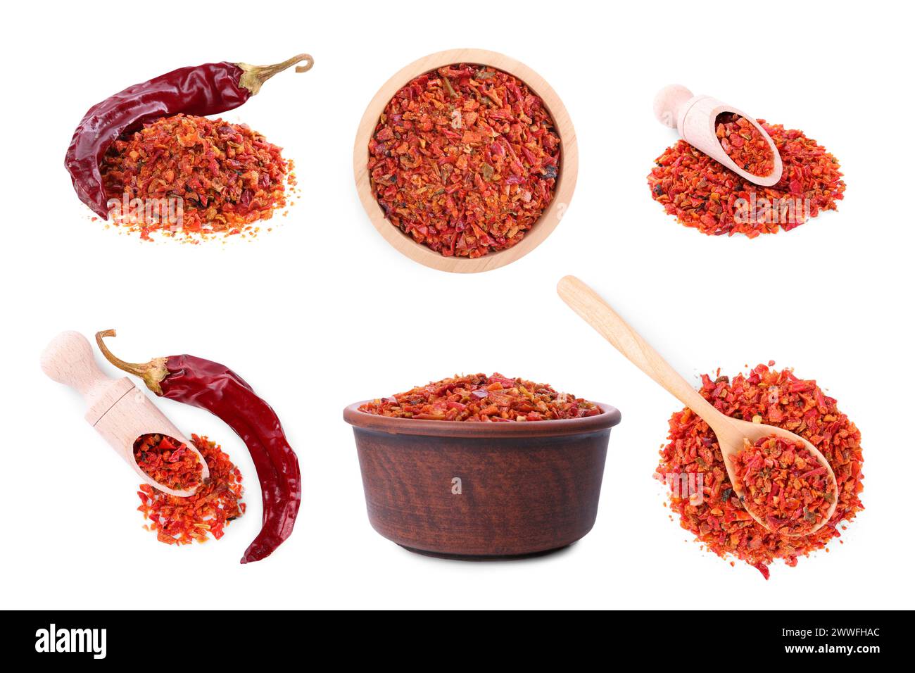 Aromatic spices. Red chili pepper flakes and whole dried peppers on ...