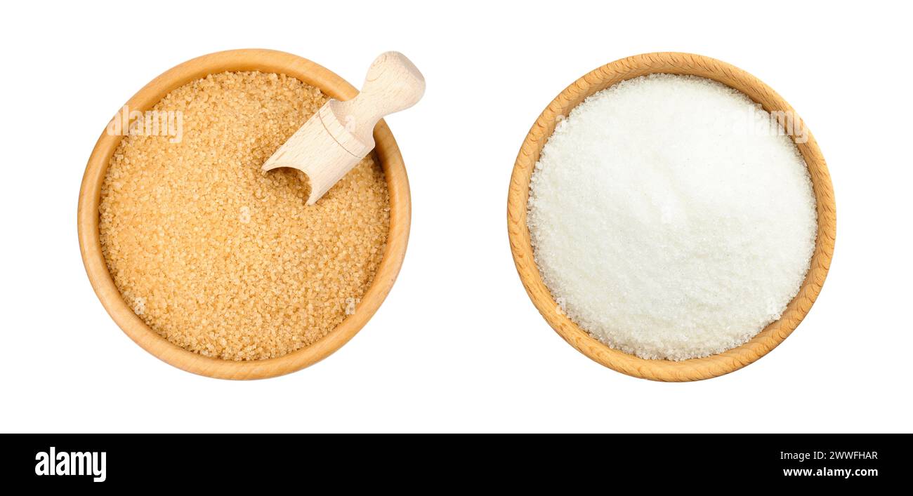 Different types of sugar isolated on white, top view Stock Photo - Alamy