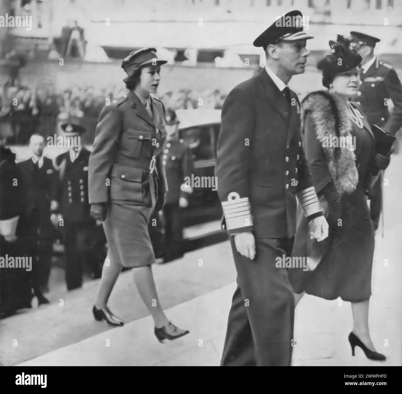 A photograph from April 1945 captures King George VI, Queen Elizabeth I ...