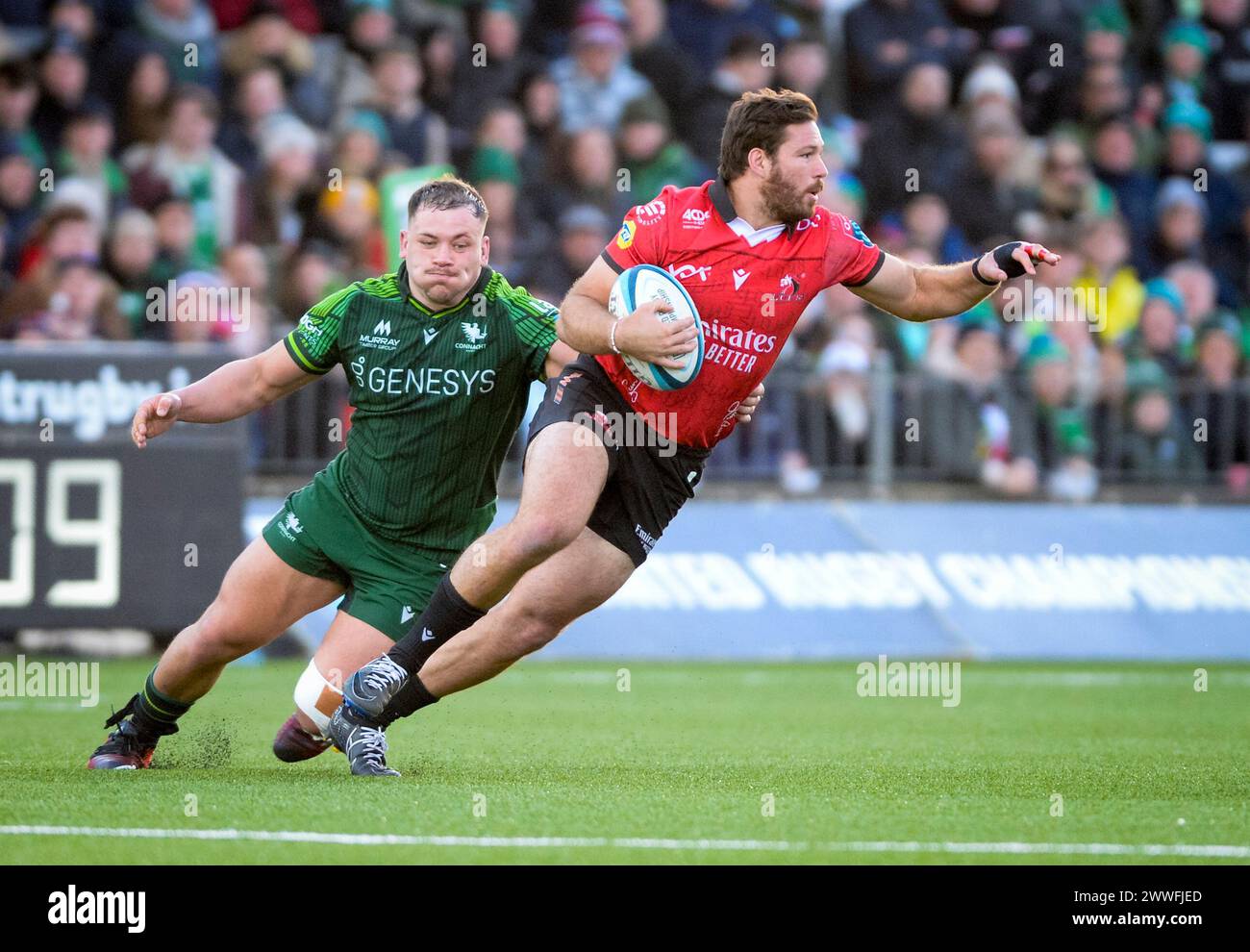 Galway, Ireland. 23rd Mar, 2024. Marius Louw evades tackle by Connacht ...