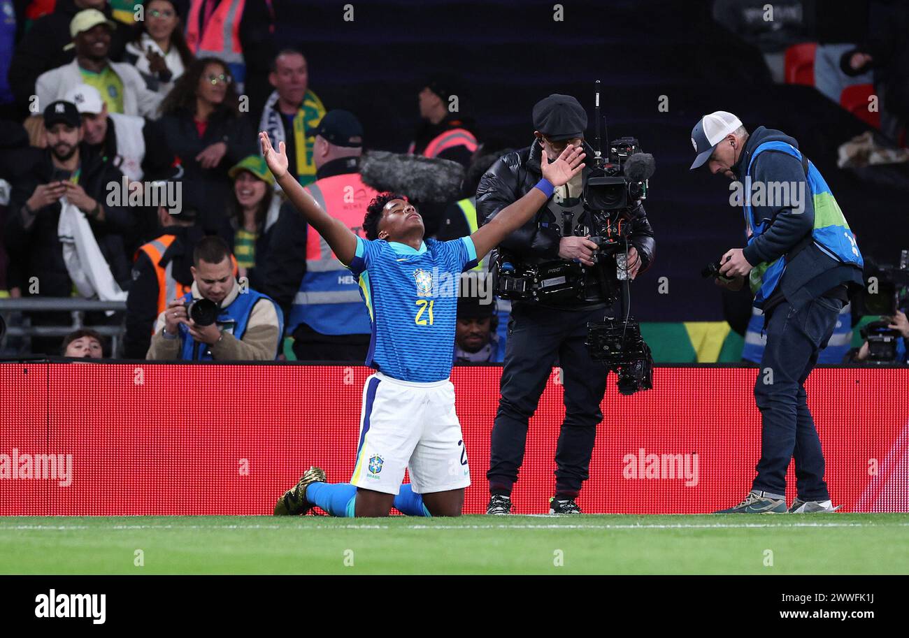 London, UK. 24th Mar, 2024. Endrick of Brazil celebrates after scoring ...