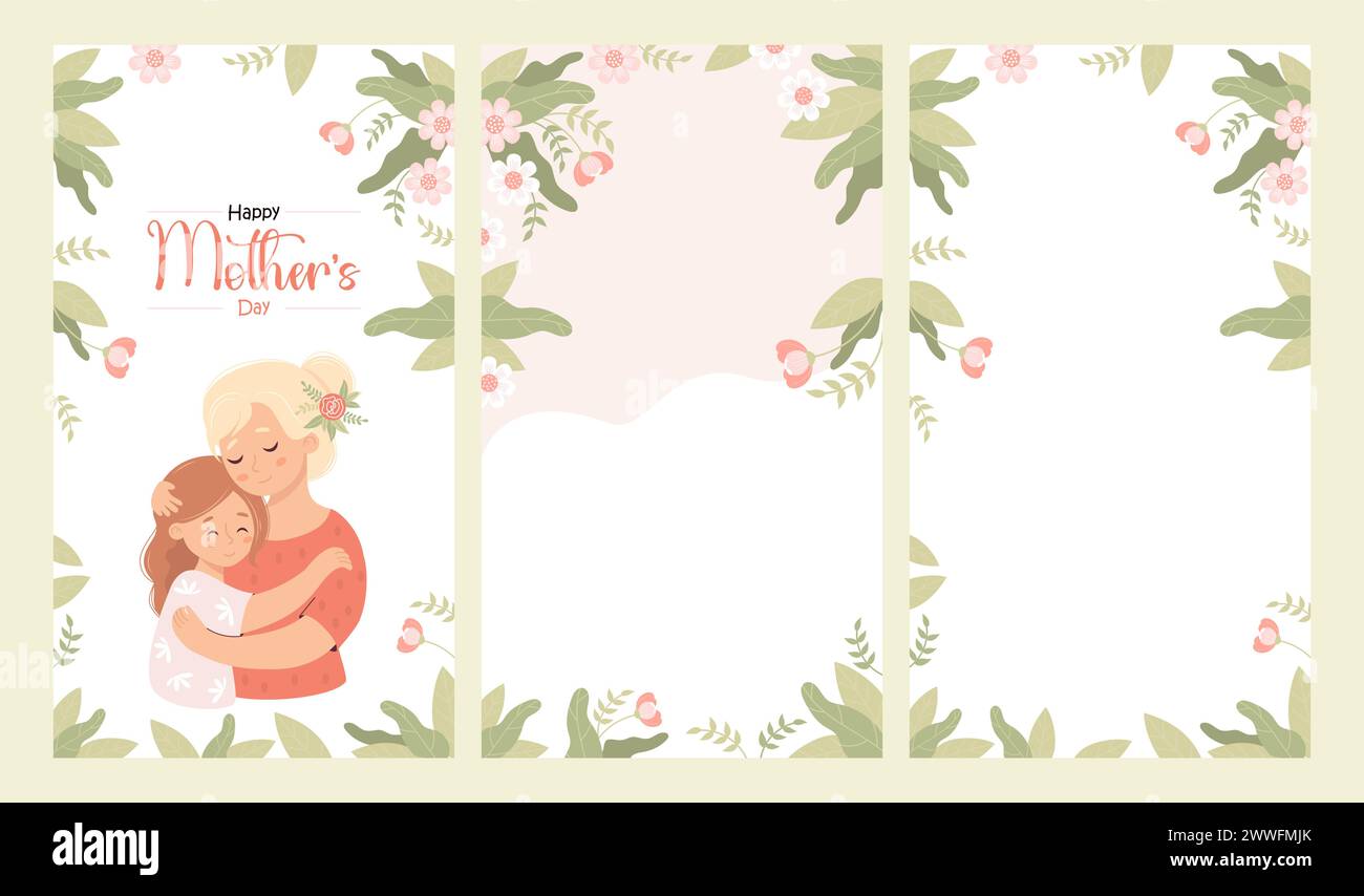 Cute woman mother hugs daughter on white floral background. Happy ...