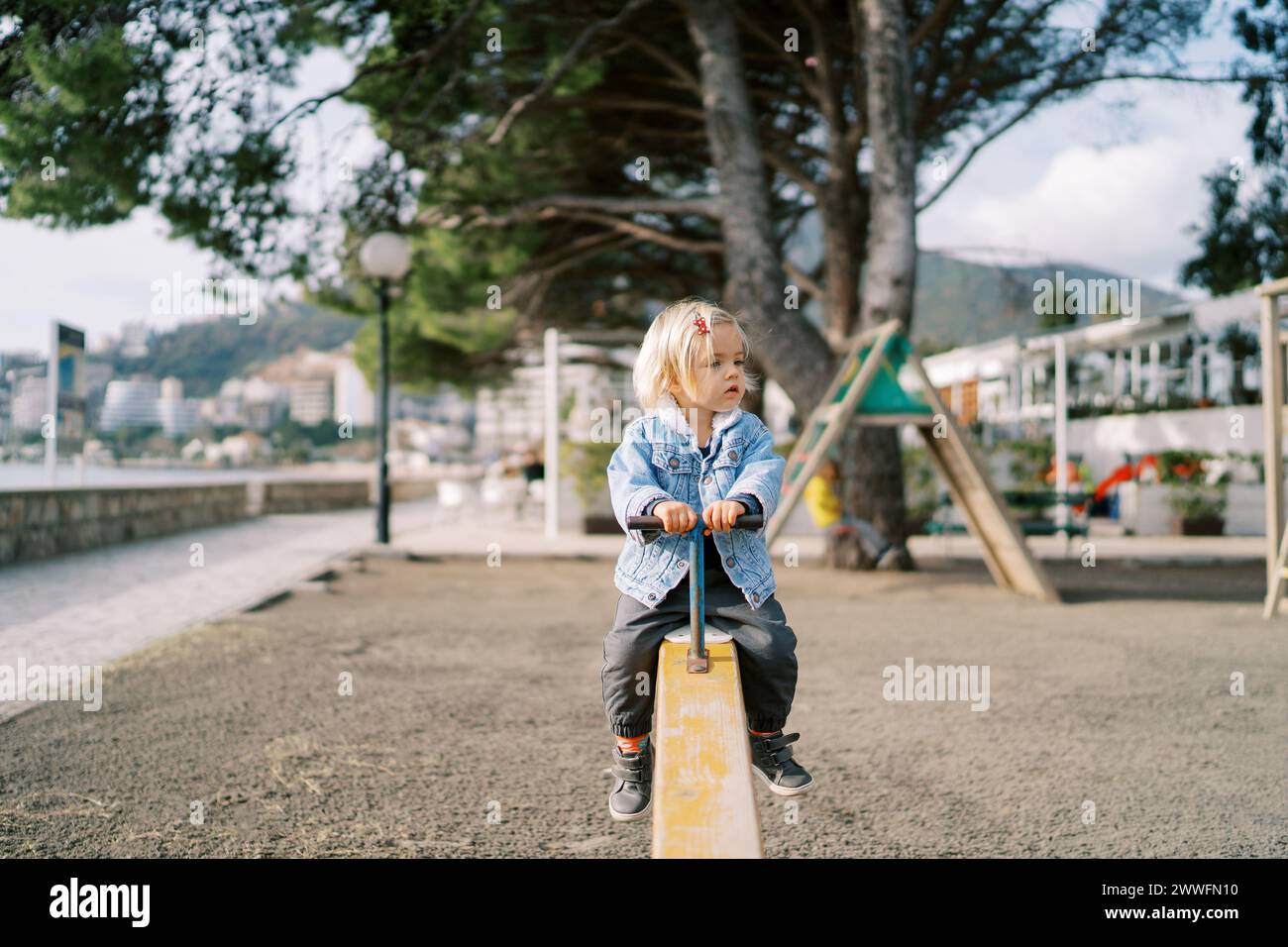 Little girl sits on a swing-balancer holding the handle Stock Photo - Alamy