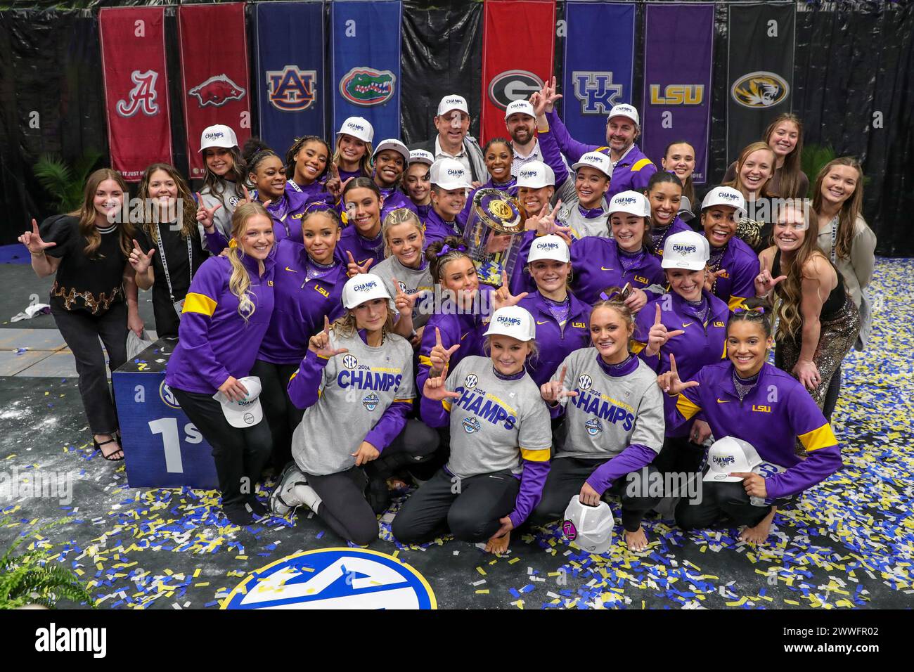 New Orleans, LA, USA. 23rd Mar, 2024. The LSU Gymnastics team poses ...