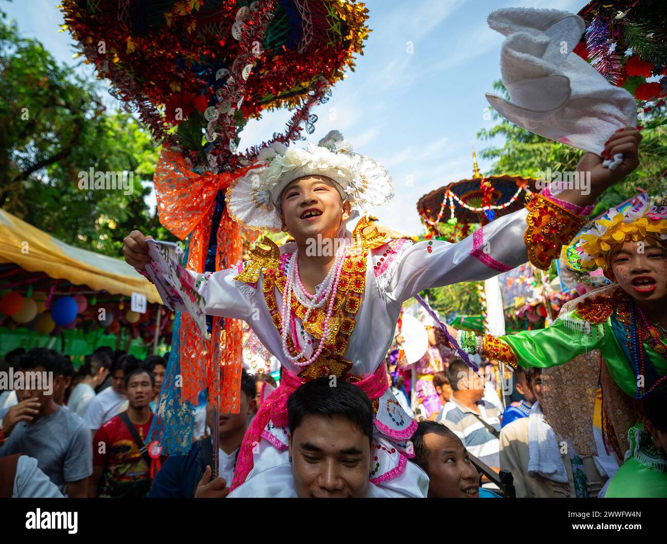 Chiang Mai, Thailand. 23rd Mar, 2024. Young ethnic Shan boys dressed in ...