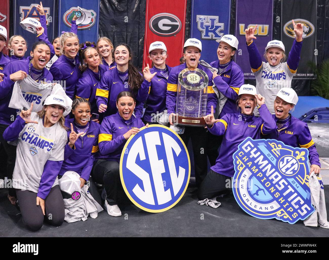 March 23, 2024: The LSU women's gymnastics team poses with the SEC ...