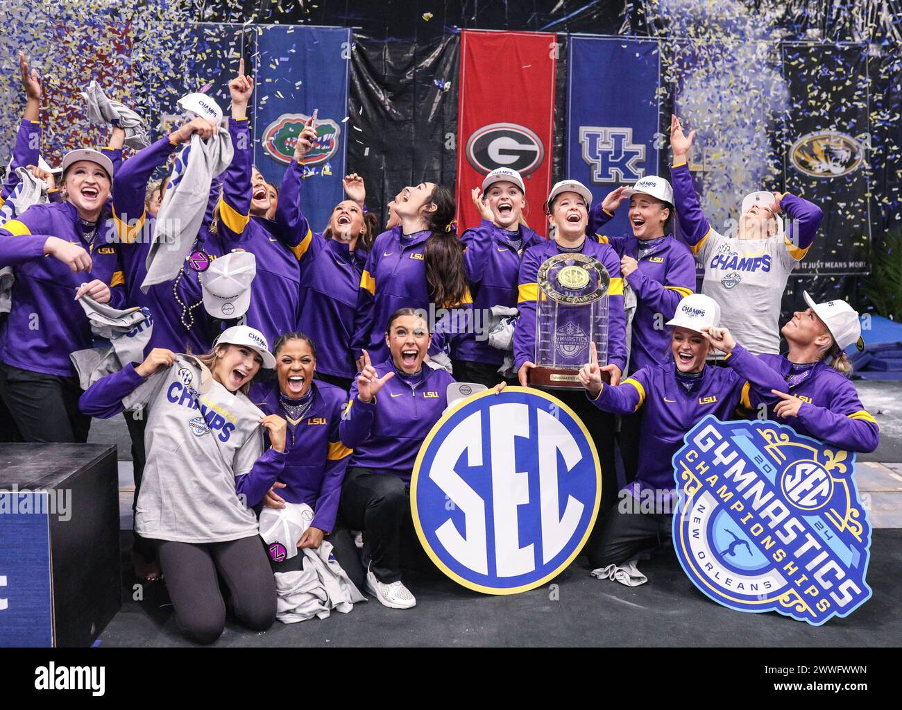 March 23, 2024: The LSU women's gymnastics team poses with the SEC ...