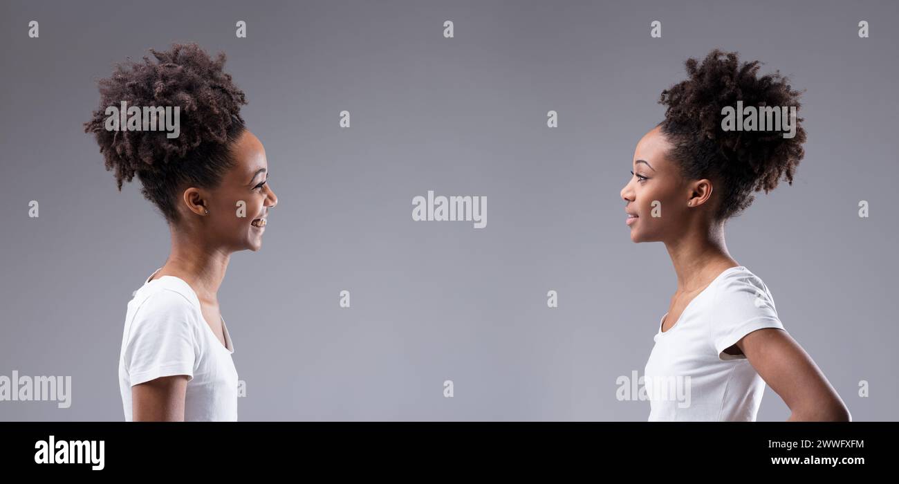 The same woman shows contrasting emotions: one side radiates joy, the ...