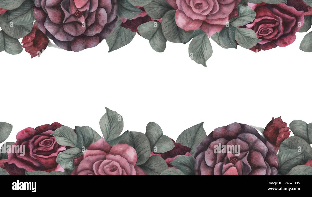 Seamless border gothic rose, leaves magical texture isolated on white ...