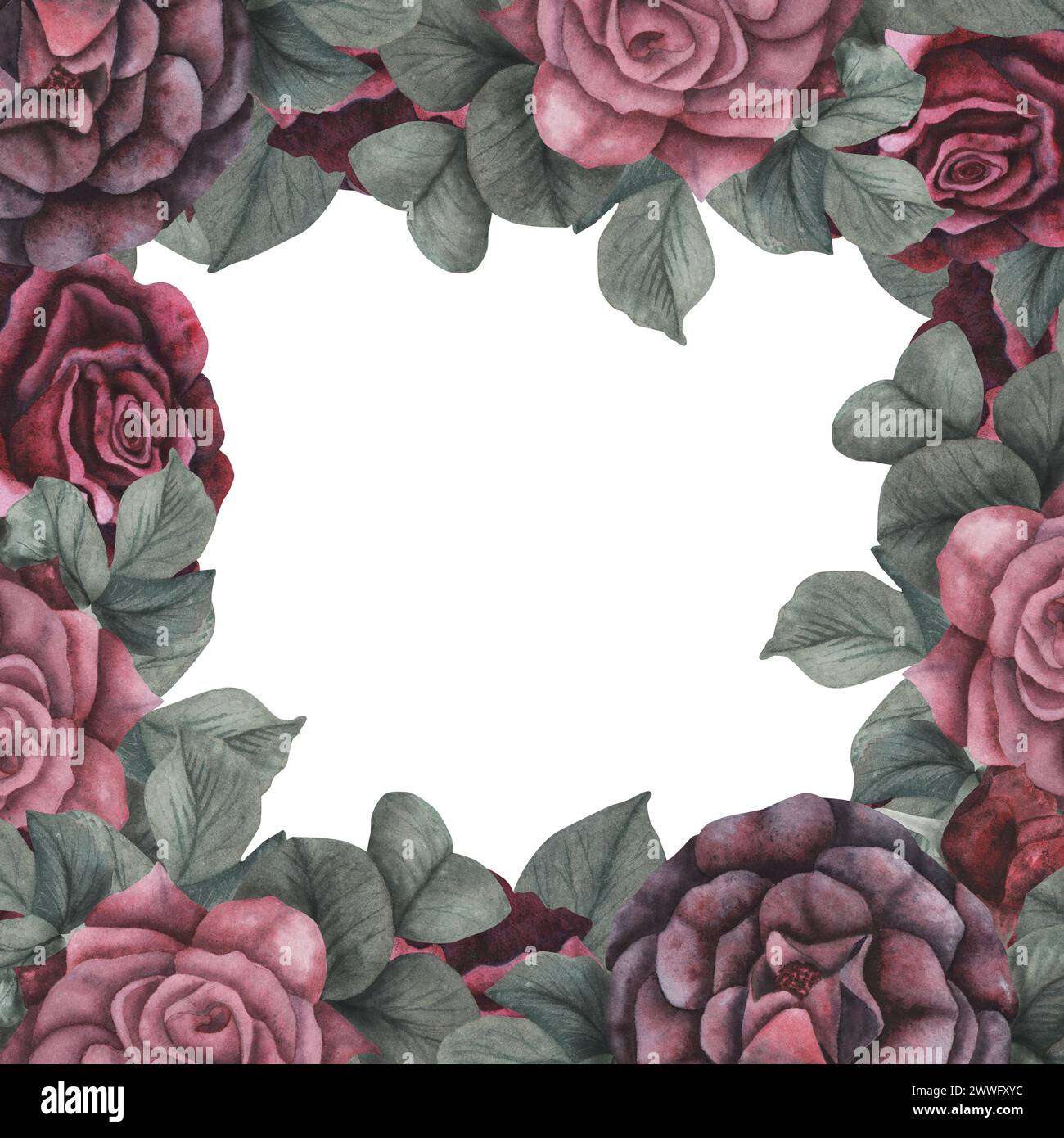 Border frame gothic rose, leaves magical texture isolated on white ...