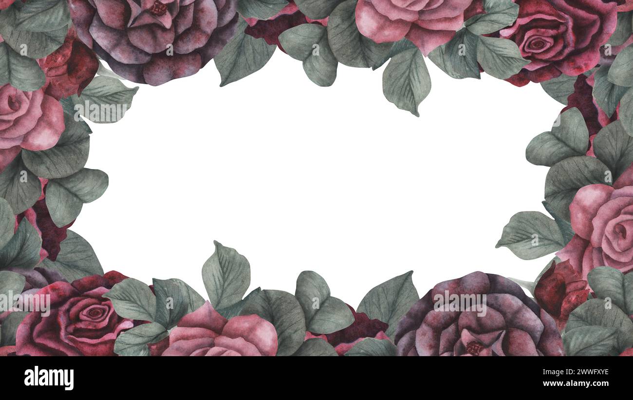 Border frame gothic rose, leaves magical texture isolated on white ...