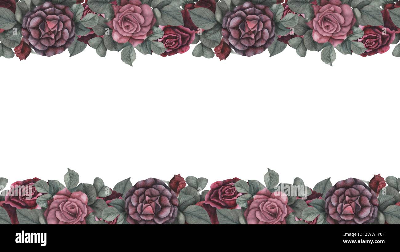 Seamless border gothic rose, leaves magical texture isolated on white ...