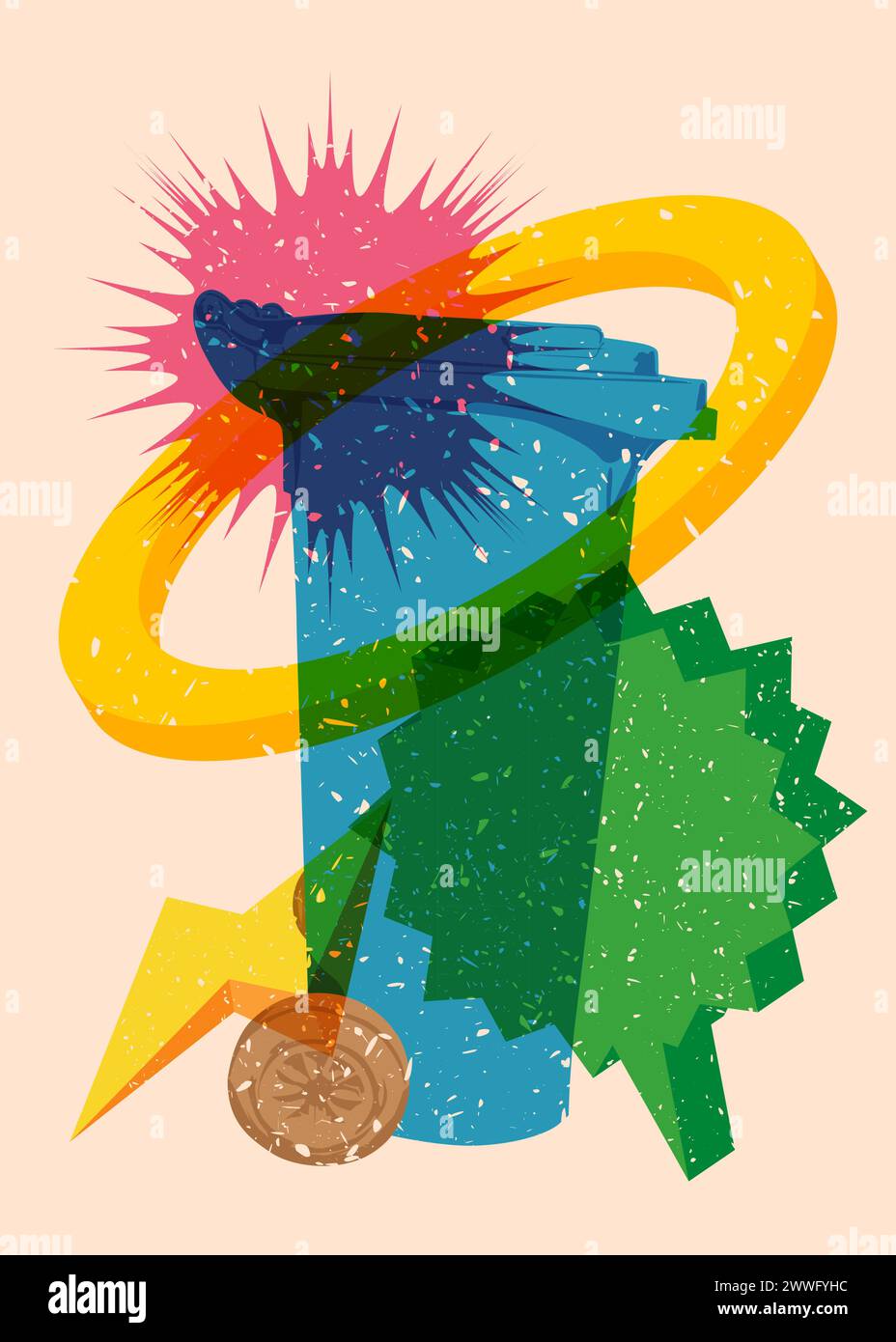 Risograph Garbage Bin with speech bubble with geometric shapes. Objects ...