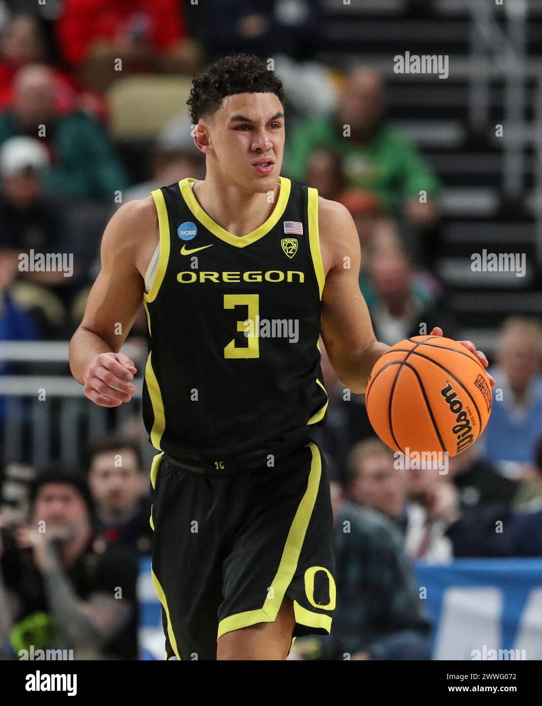March 23, 2024: Oregon Ducks guard Jackson Shelstad (3) dribbles the ...
