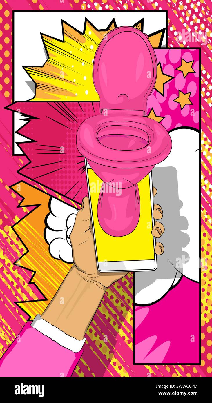 Cartoon Smartphone, comic book Telephone with Toilet. Retro vector ...