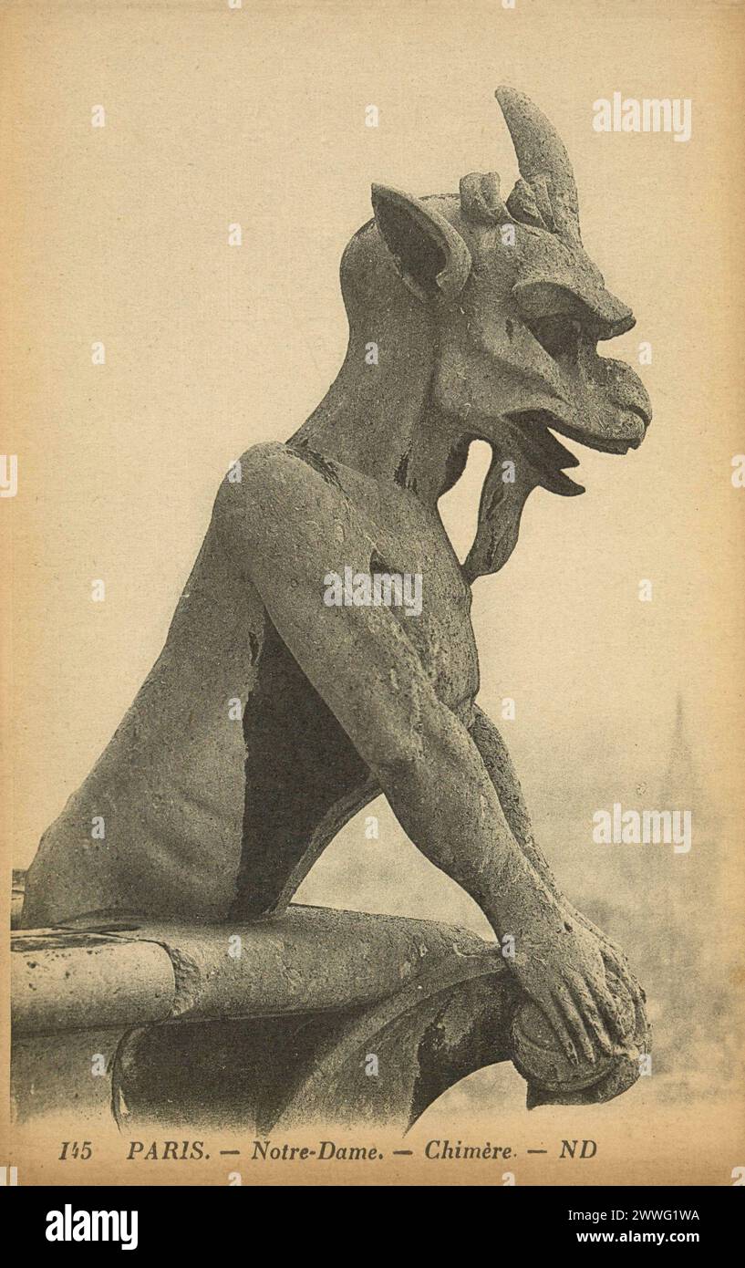 Black and white postcard of a grotesque Chimera statue on the roof of ...