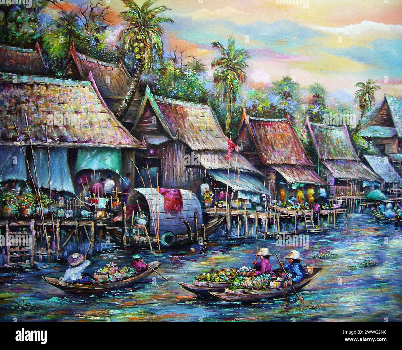 Hand drawn Art painting Oil color Floating market dumnoen saduak from ...