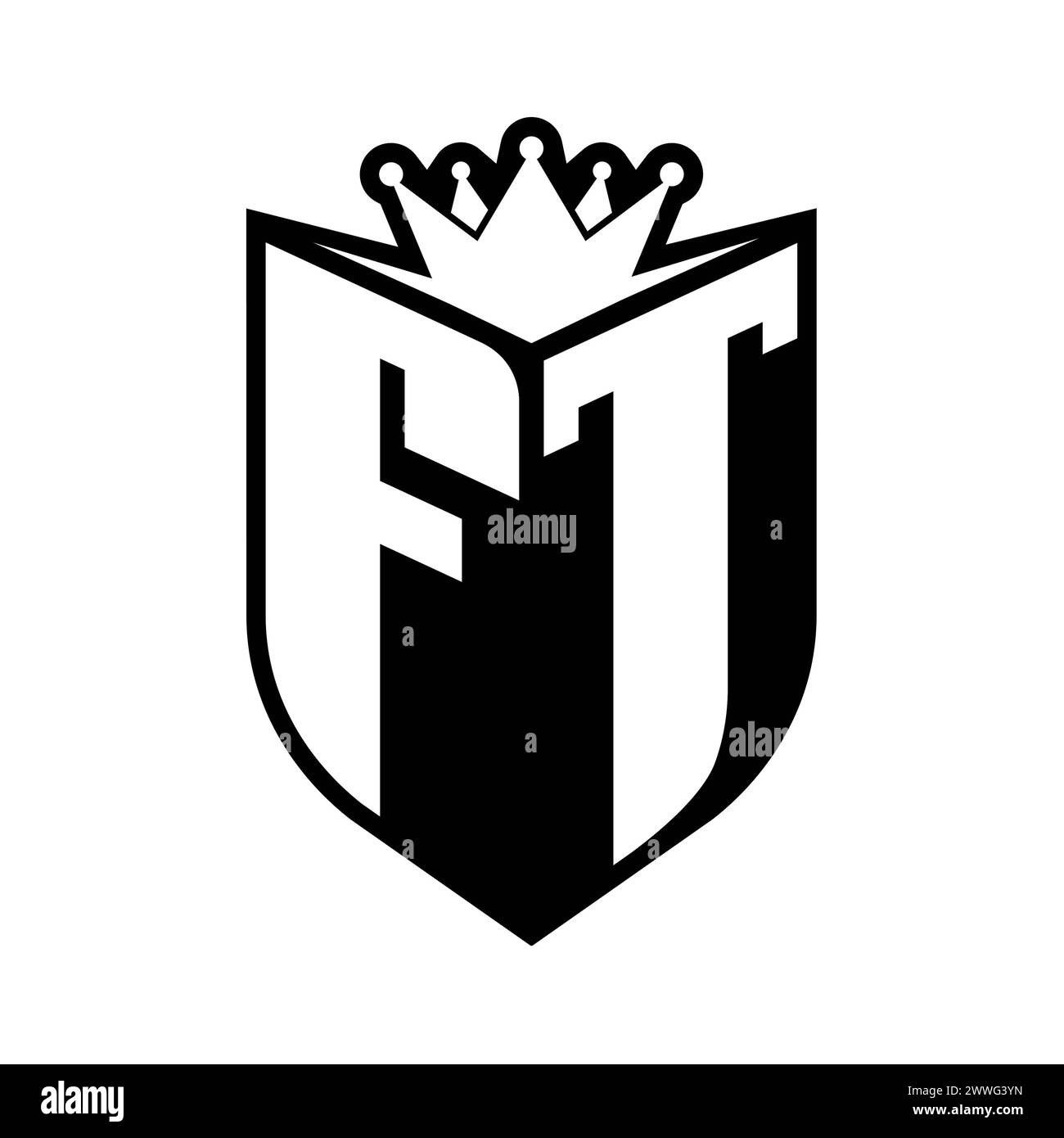 FT Letter bold monogram with shield shape and sharp crown inside shield ...