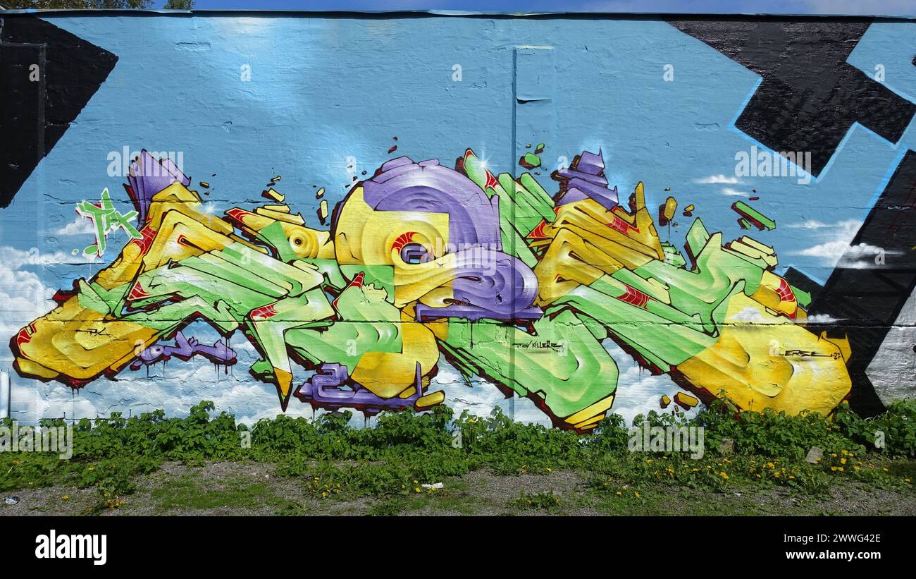 Graffiti colourful art artwork red yellow paint painted concrete wall ...