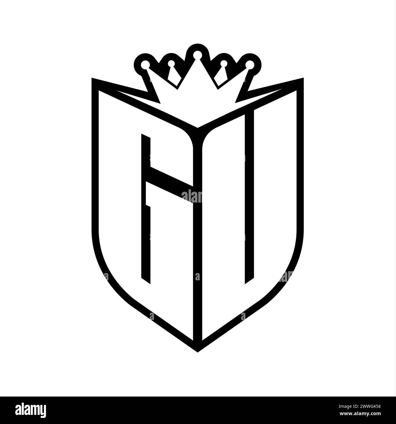 GU Letter bold monogram with shield shape and sharp crown inside shield black and white color ...