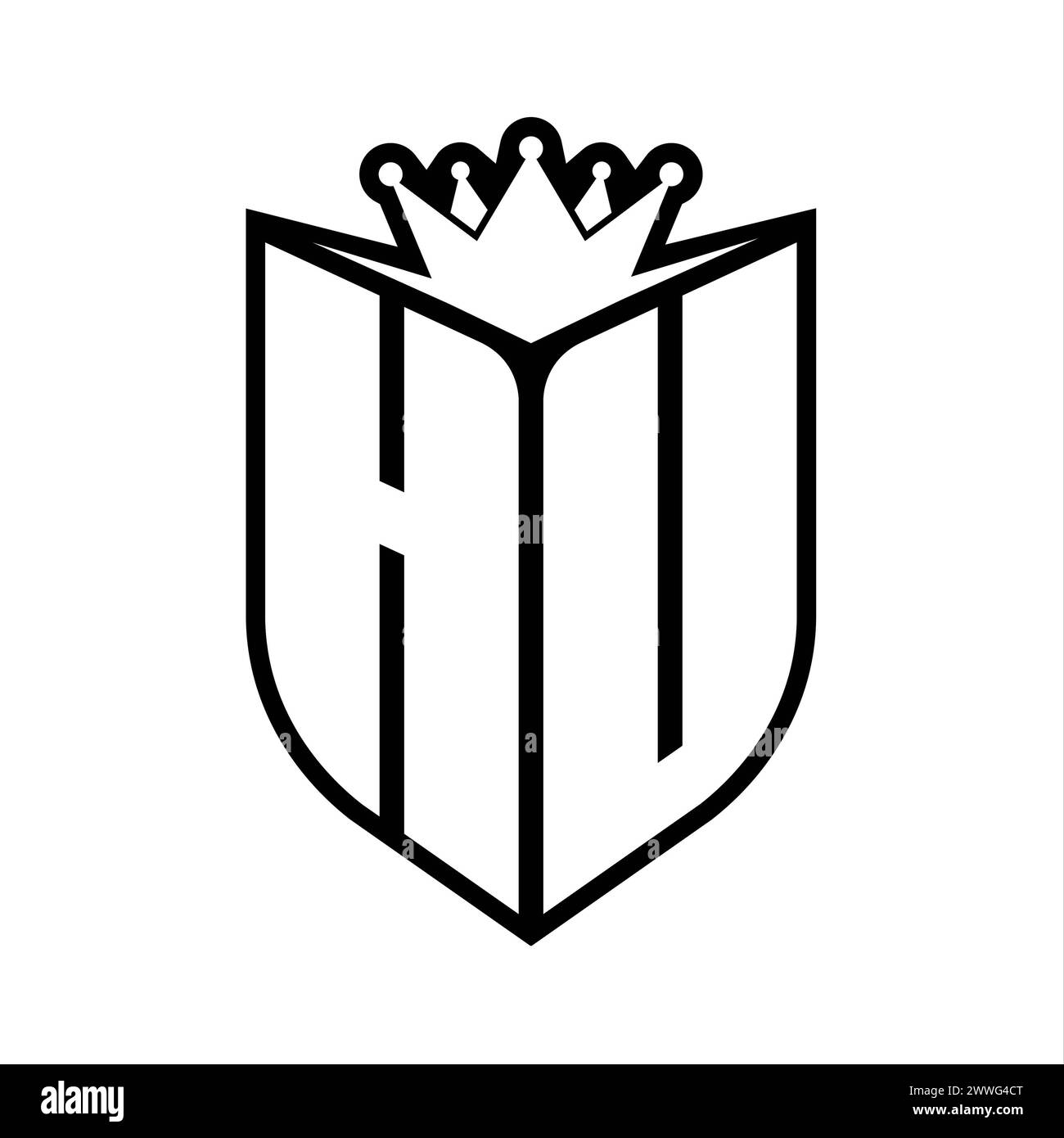 HU Letter bold monogram with shield shape and sharp crown inside shield black and white color ...