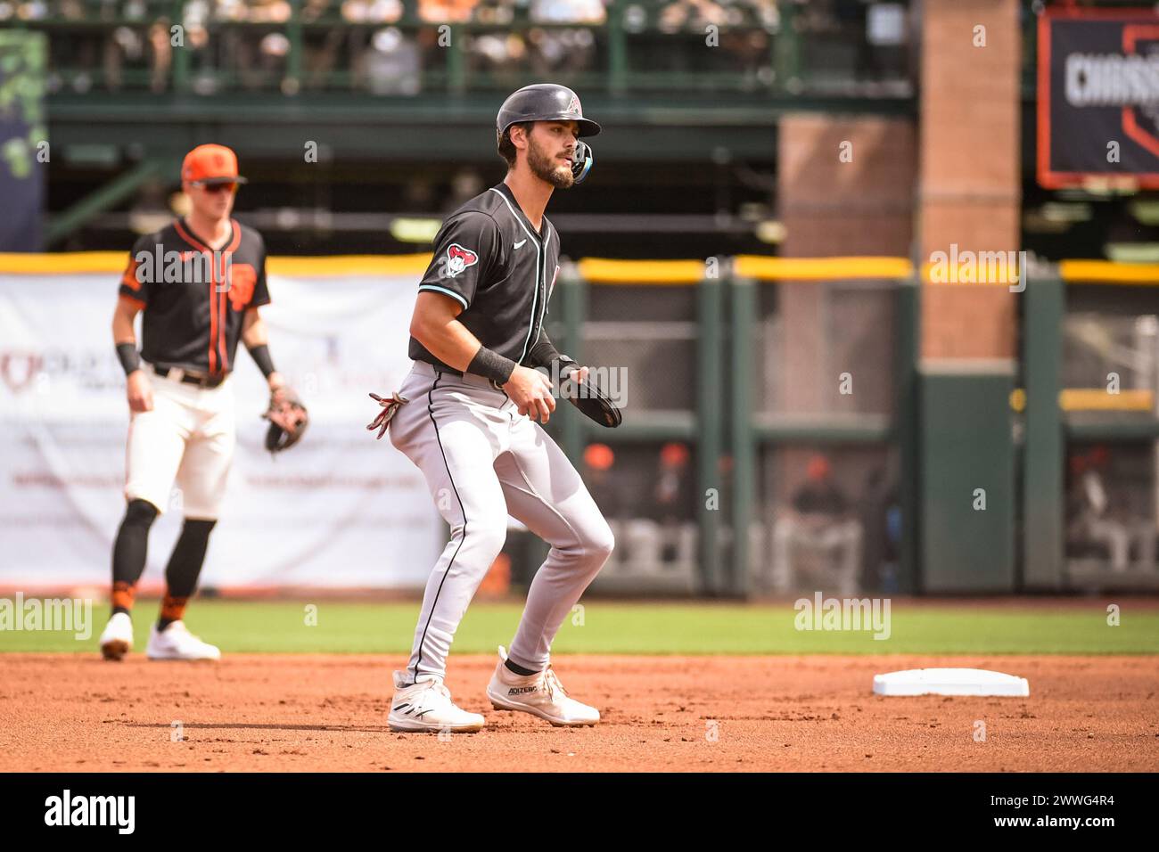 Arizona Diamondbacks third baseman Blaze Alexander (62) doubles in the ...