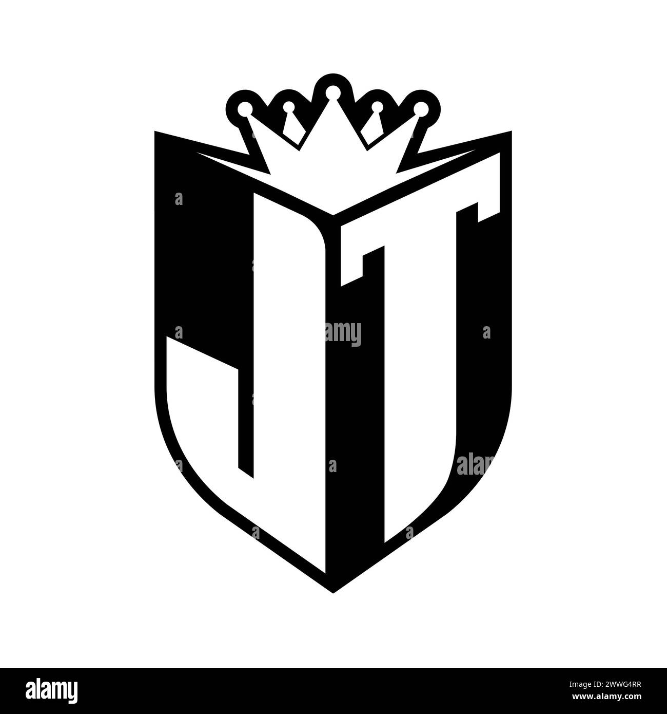 JT Letter bold monogram with shield shape and sharp crown inside shield black and white color ...