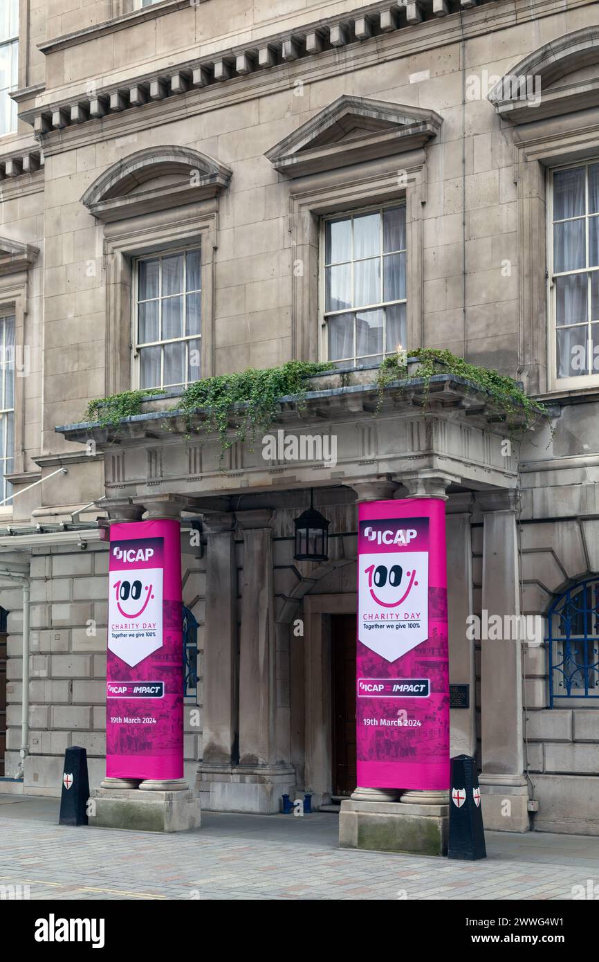 LONDON, UK - MARCH 19, 2024: Advertising banners for ICAP Group Charity ...