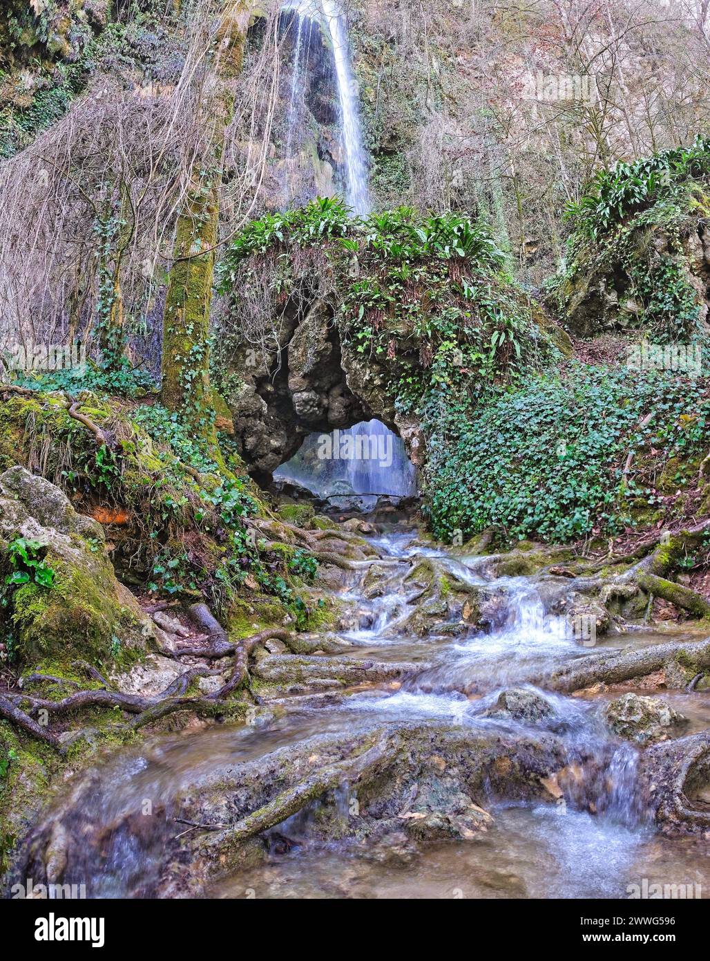A serene waterfall cascades down a rocky cliff, lush vegetation ...