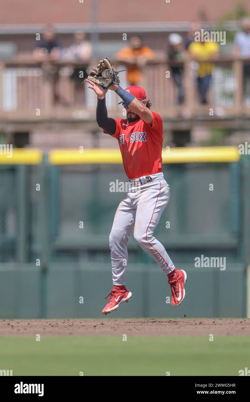 Bradenton, FL: Boston Red Sox third baseman Eddy Alvarez (67) catches a ...