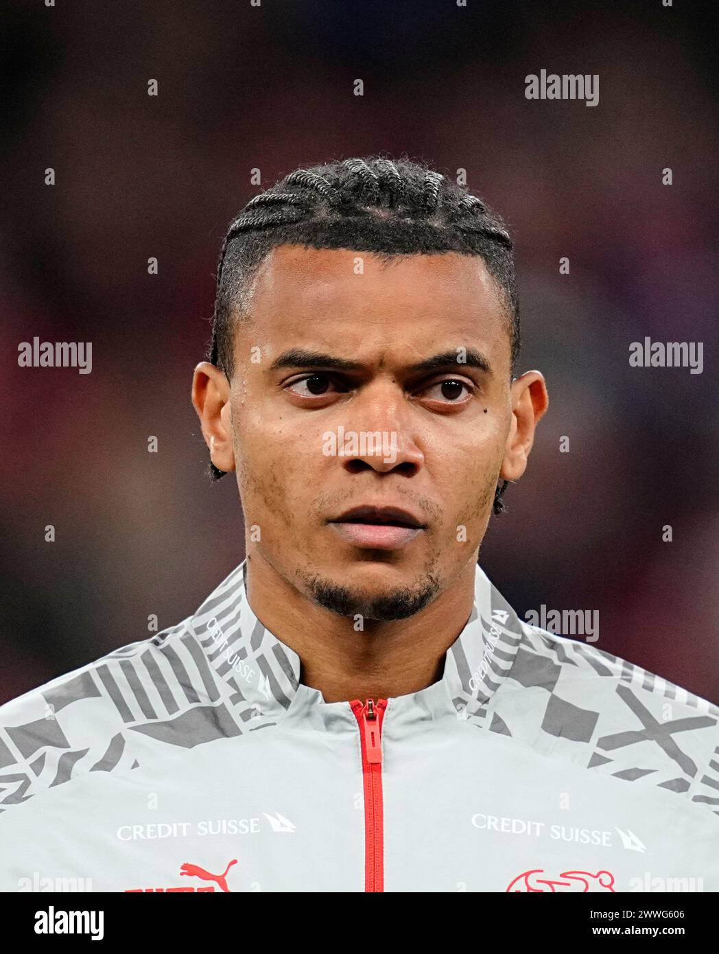 Parken, Copenhagen, Denmark. 23rd Mar, 2024. Manuel Akanji (Switzerland) looks on during a UEFA ...