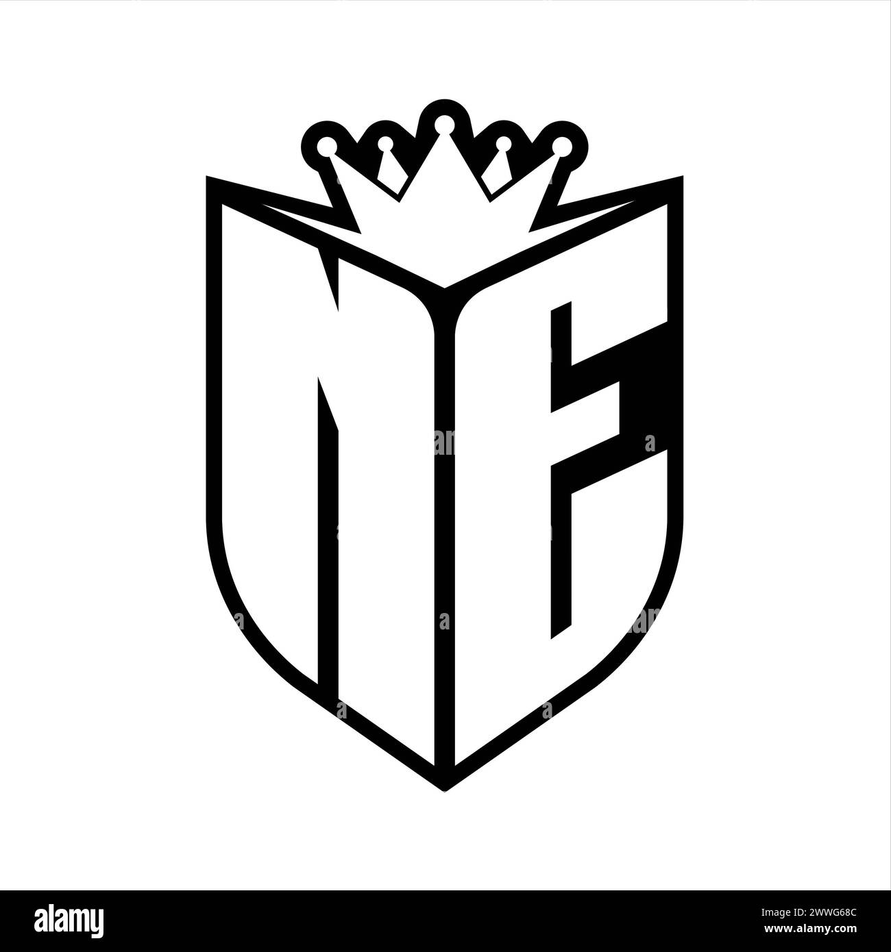 NE Letter bold monogram with shield shape and sharp crown inside shield ...