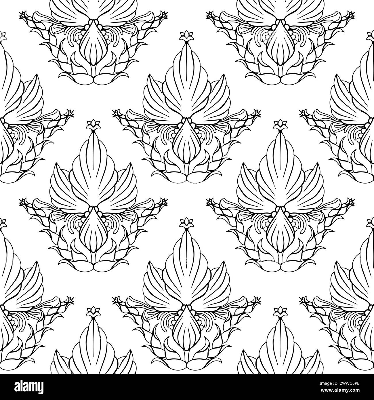Seamless black outlined modern Damask pattern on a white background ...