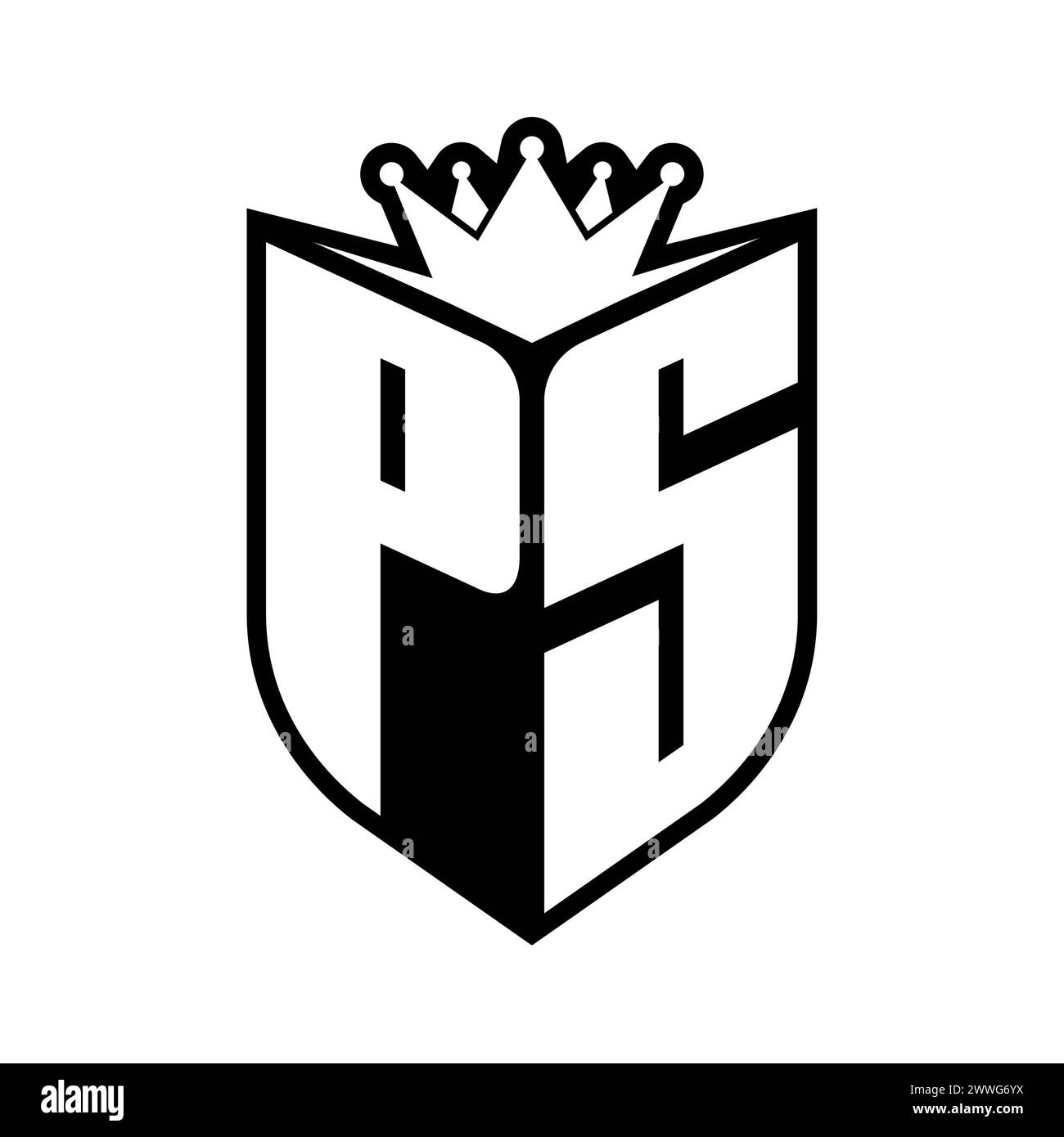 PS Letter bold monogram with shield shape and sharp crown inside shield black and white color ...