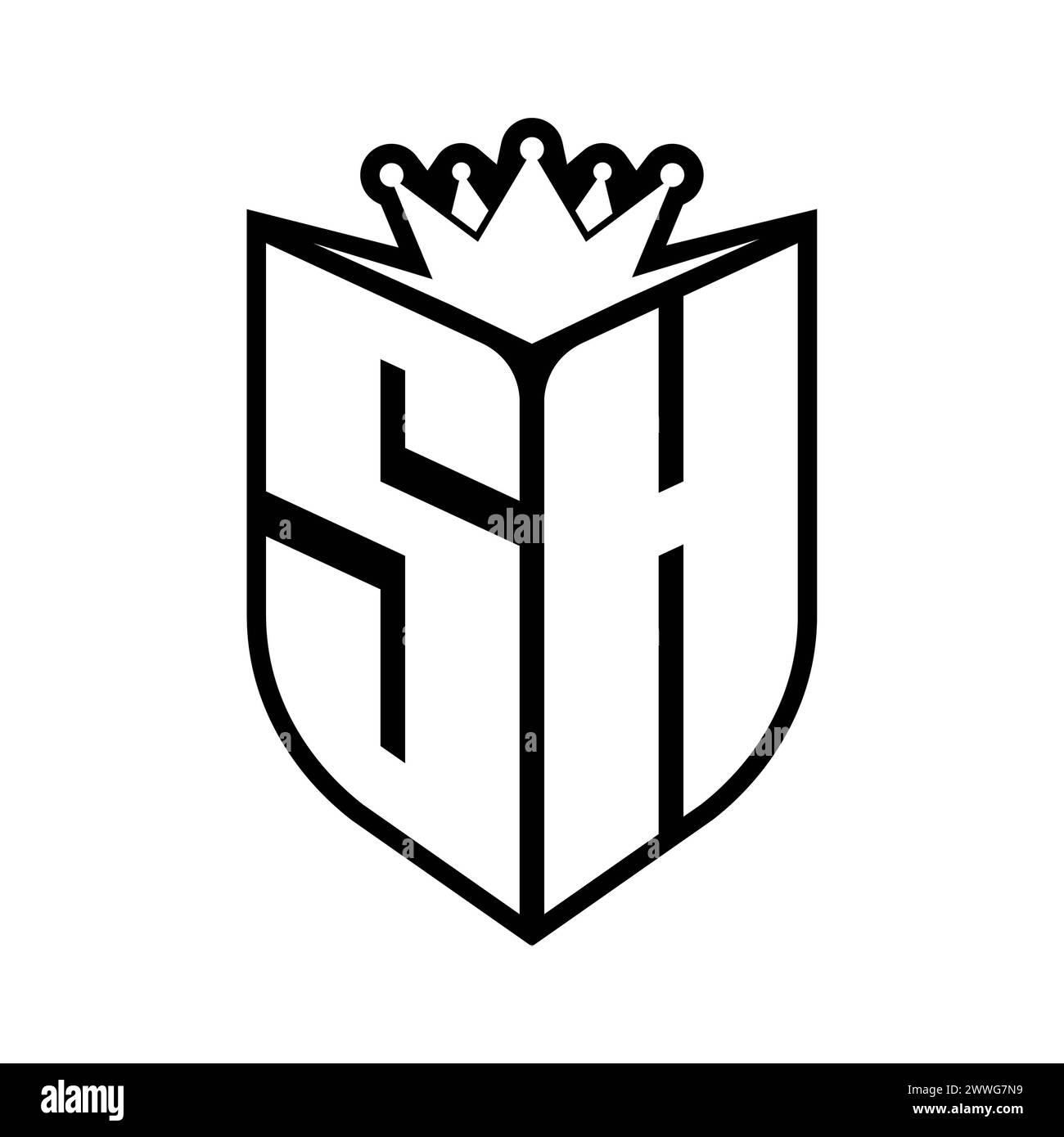 SH Letter bold monogram with shield shape and sharp crown inside shield ...