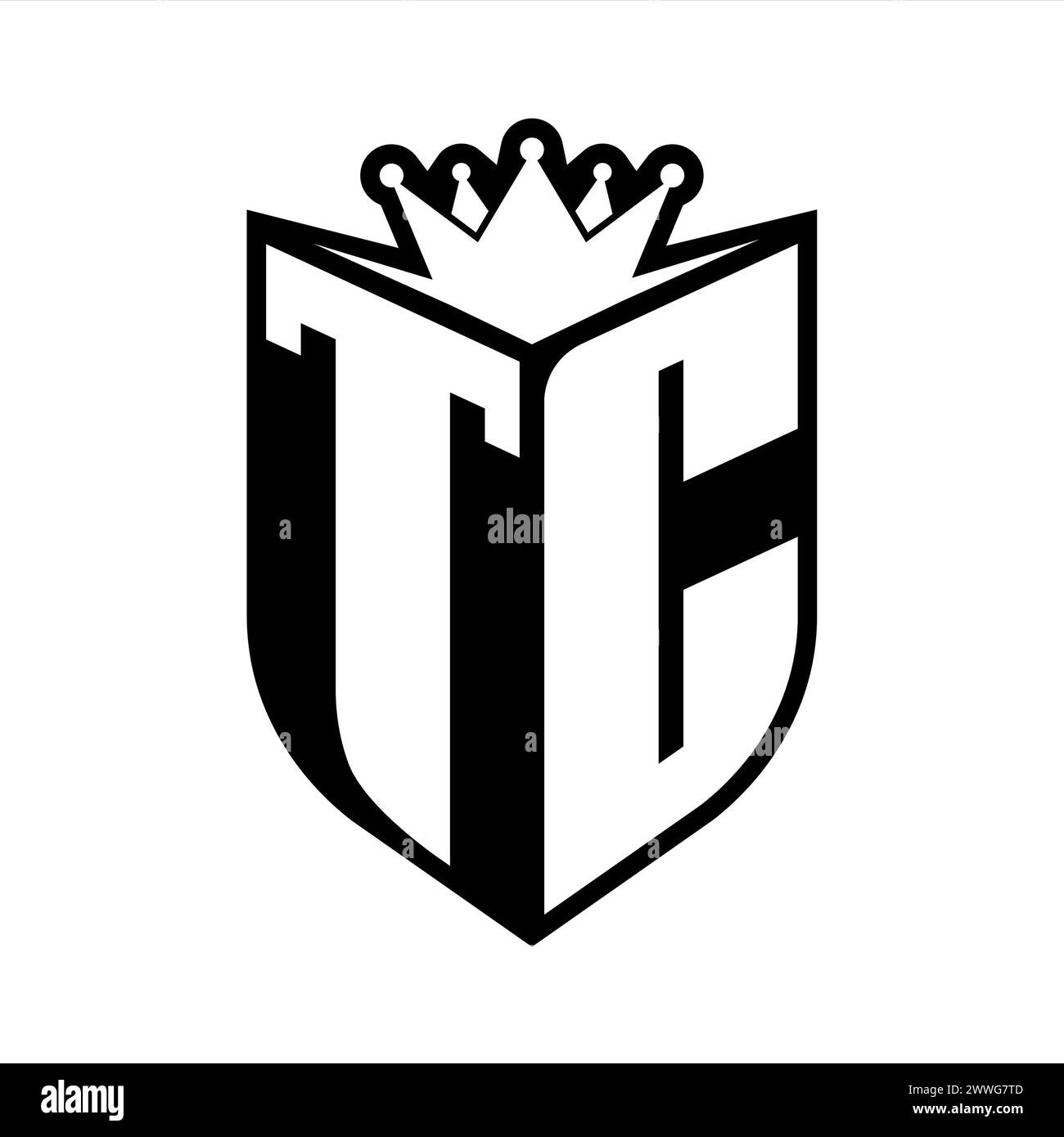 TC Letter bold monogram with shield shape and sharp crown inside shield black and white color ...