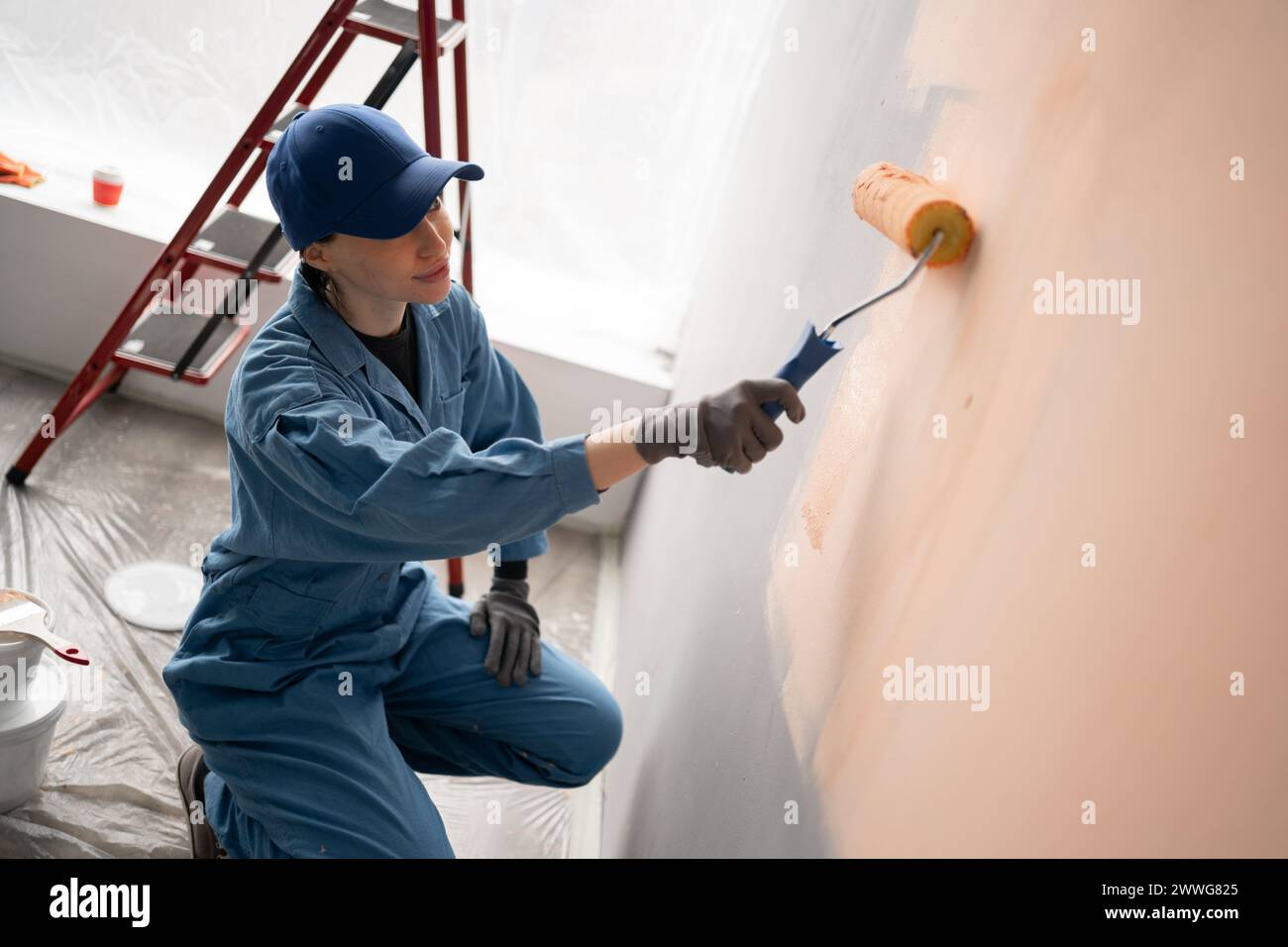 Female house painter decorator work of home to renovate using roller ...