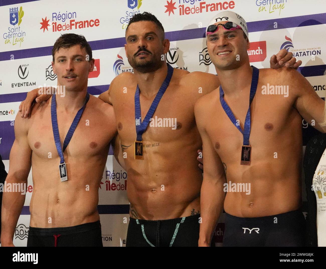 Saint Germain En Laye, France. 23rd Mar, 2024. Maxime Grousset of France, Florent Manaudou of ...