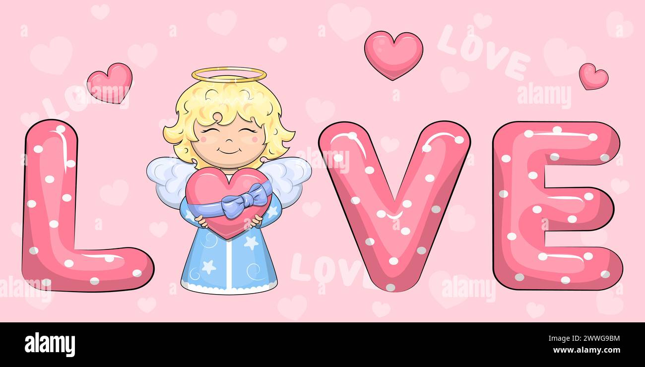 Word Love and cute cartoon angel with pink heart. Vector illustration ...