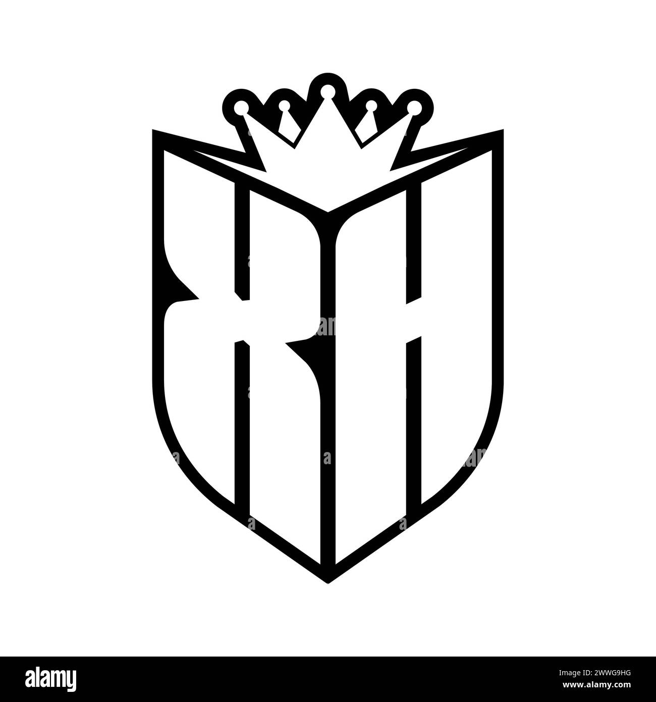 XH Letter bold monogram with shield shape and sharp crown inside shield black and white color ...