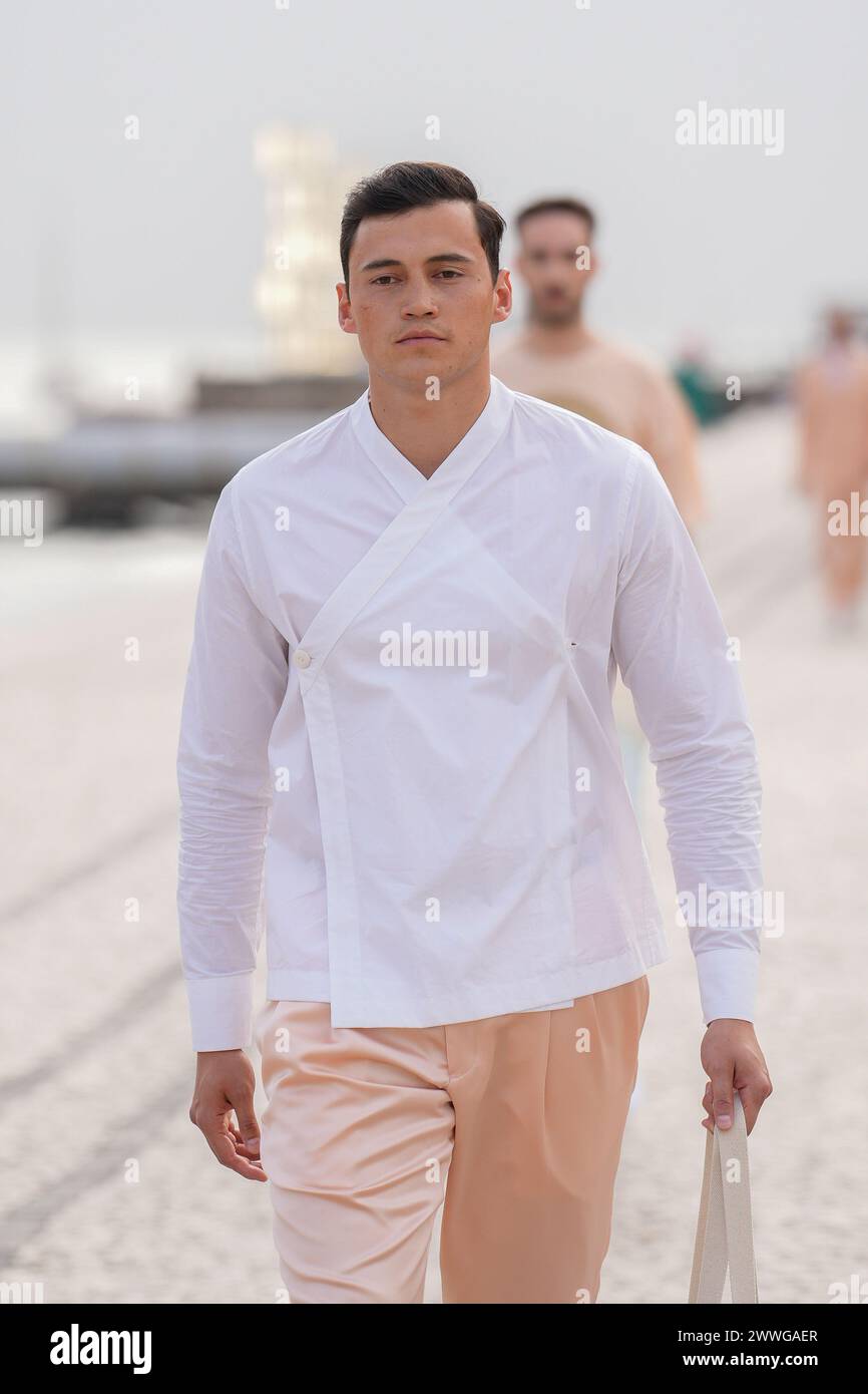 A model walks the runway during Nuno Gama fashion show “Luzboa” at MAAT ...